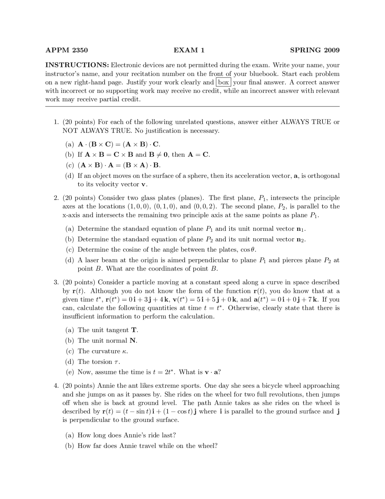 Object Moves - Calculus Three - Exam - Docsity