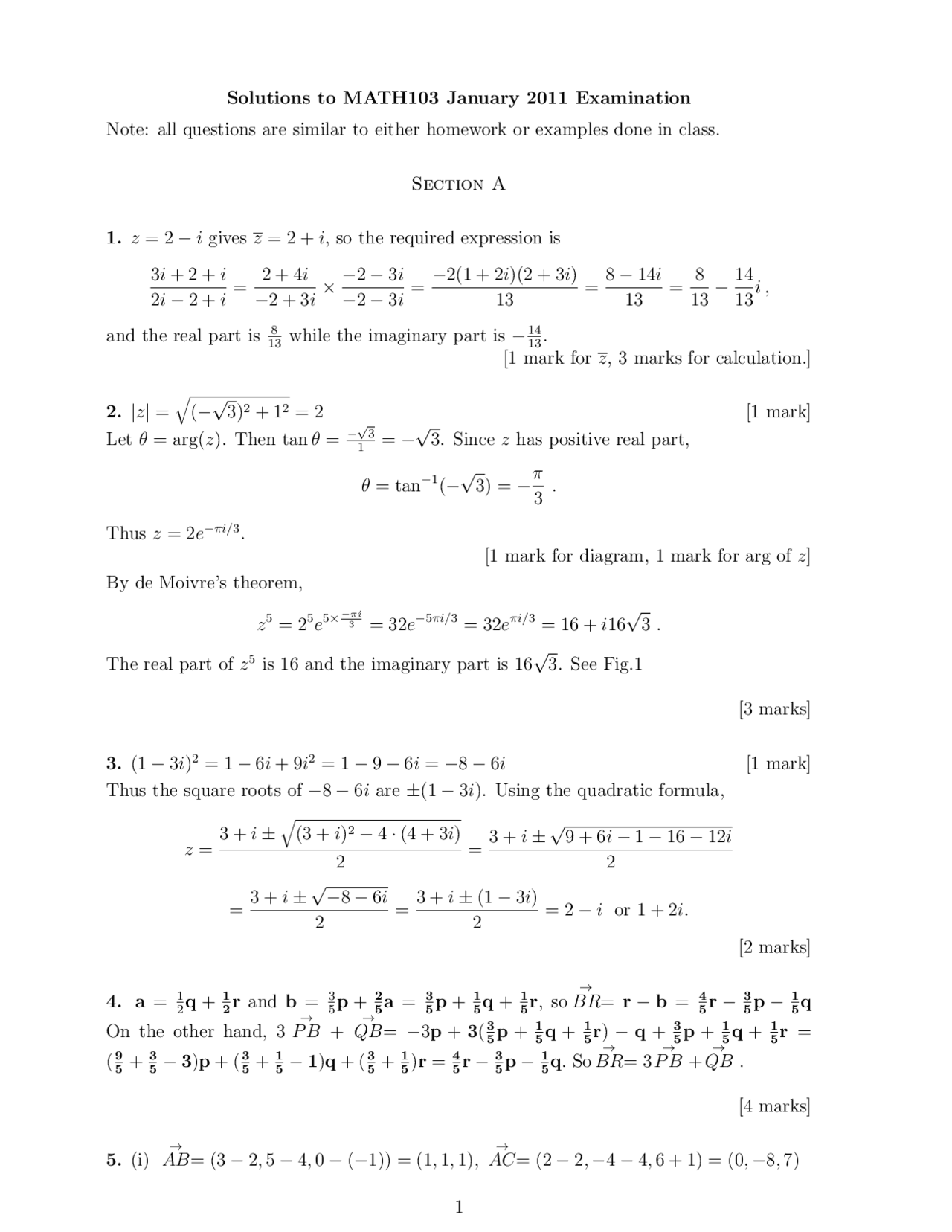 Real and Imaginary Parts - Mathematics - Solved Exam - Docsity