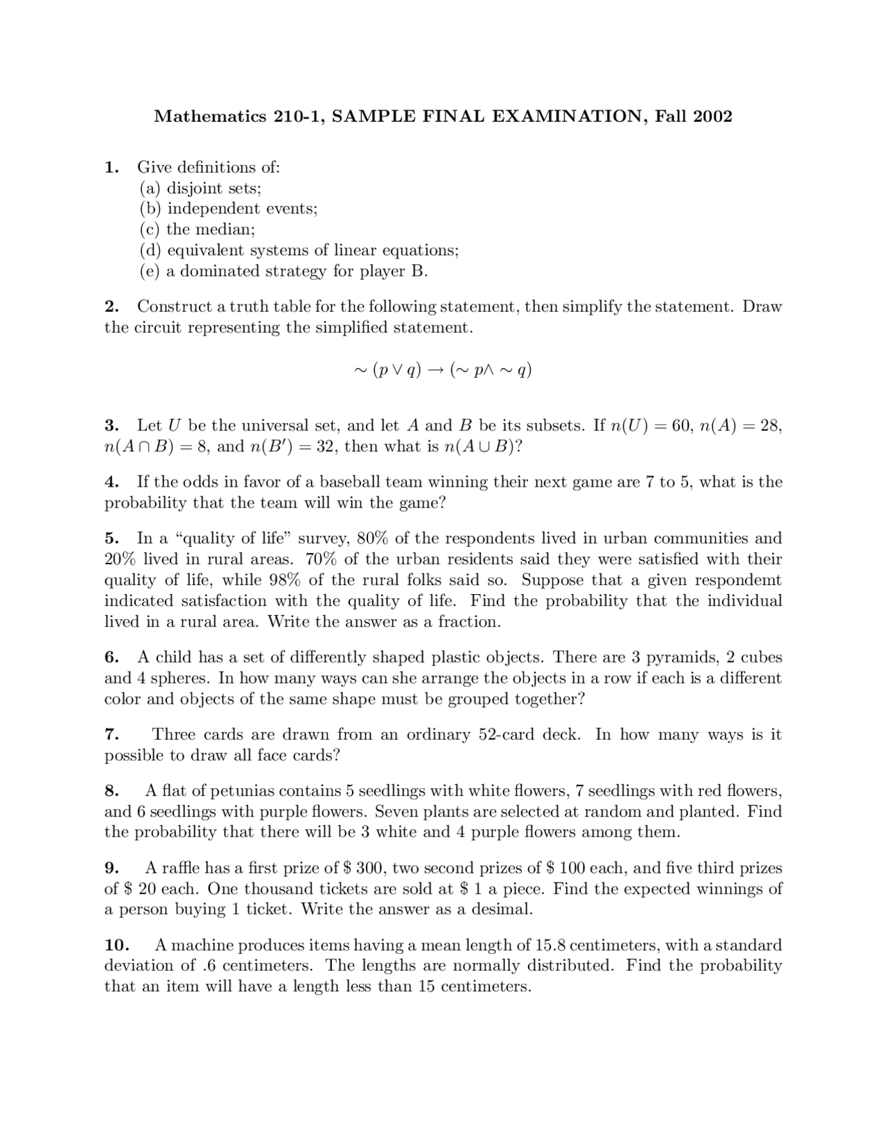 Dominated Finite Mathematics Exam Docsity