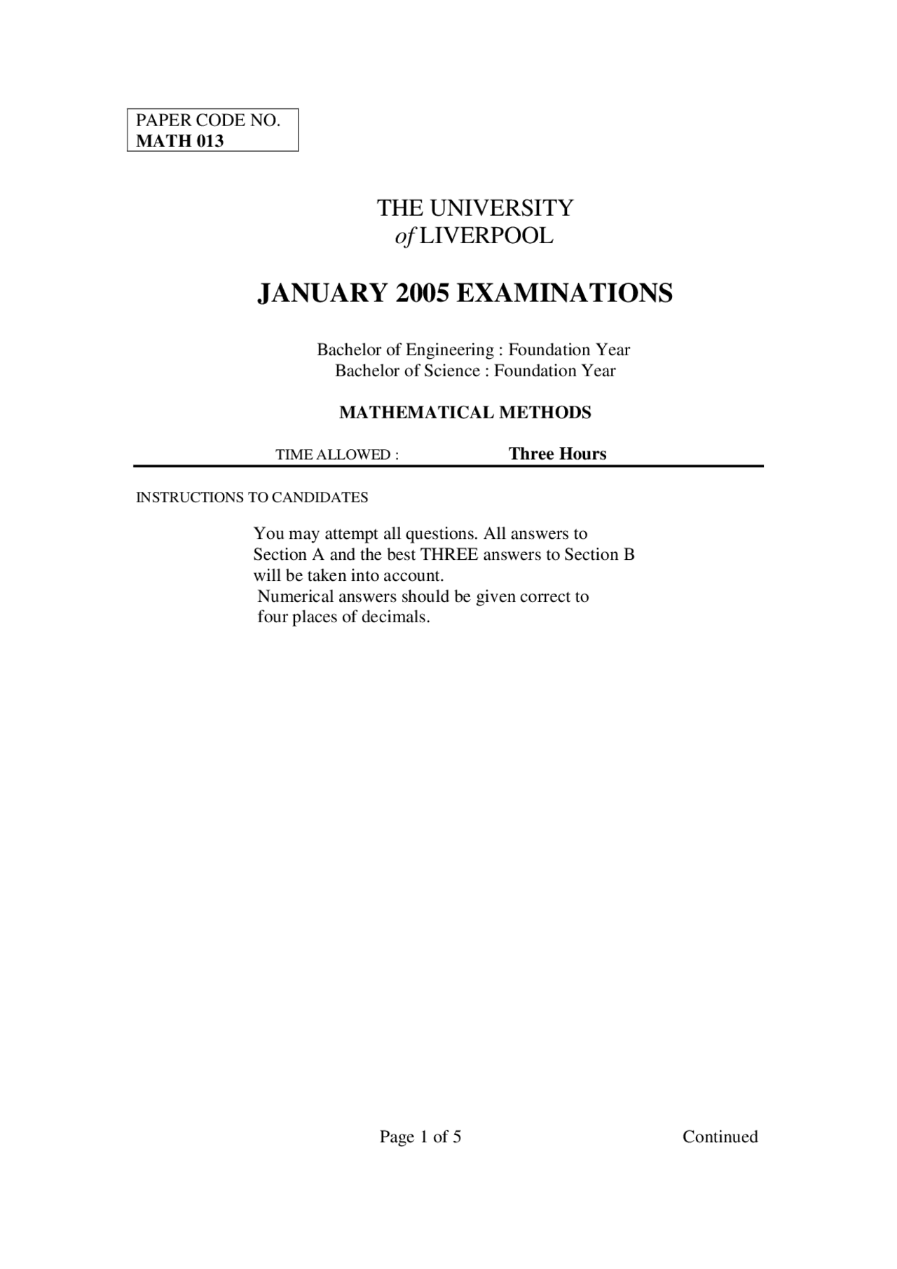Numerical Answers Mathematics Exam Docsity