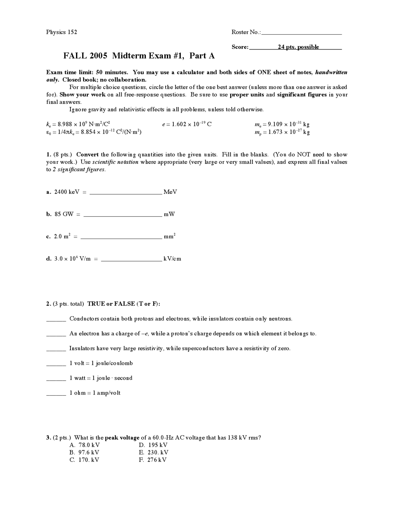 Peak Voltage Physics Past Paper Docsity