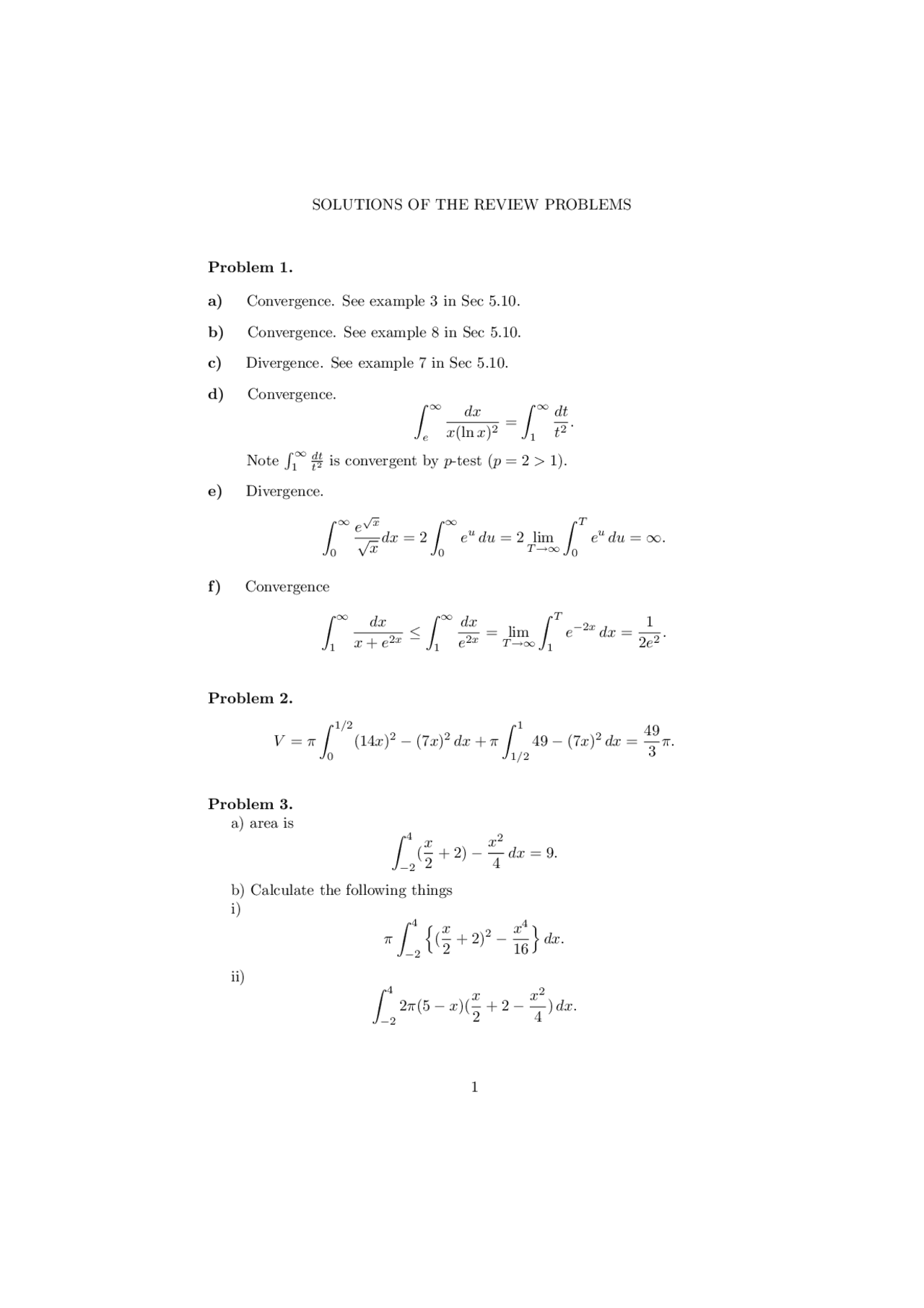 Region Bounded - Integral Calculus of One Variable Functions - Solved Exam - Docsity