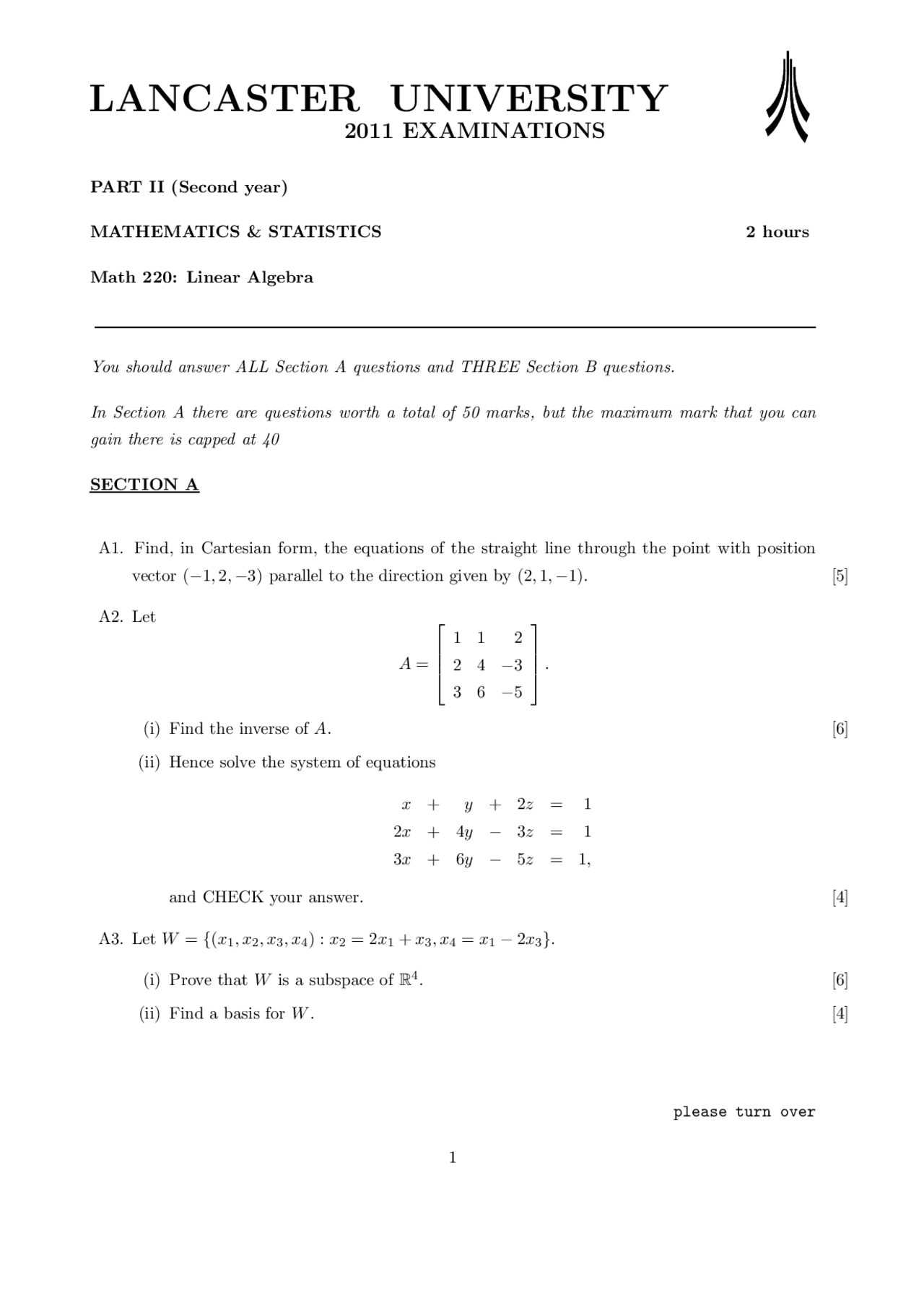 Cartesian Linear Algebra Exam Exams Linear Algebra Docsity