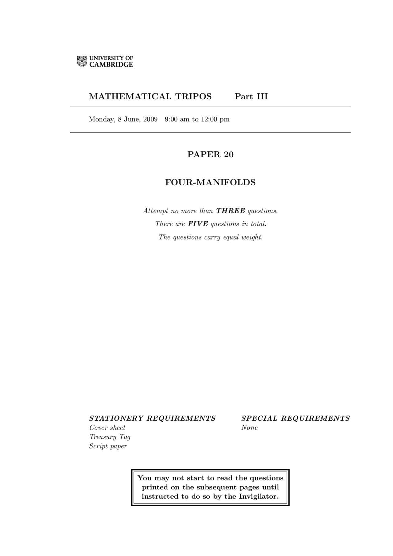 Four-Manifolds - Mathematical Tripos - Exam Paper - Docsity