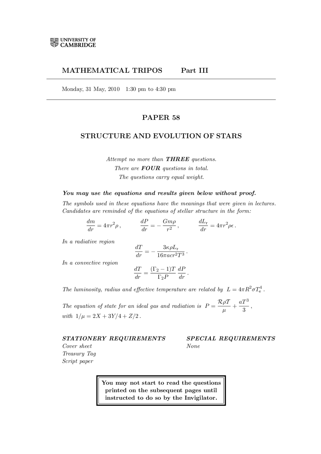 Structure And Evolution Of Stars Mathematical Tripos Final Exam