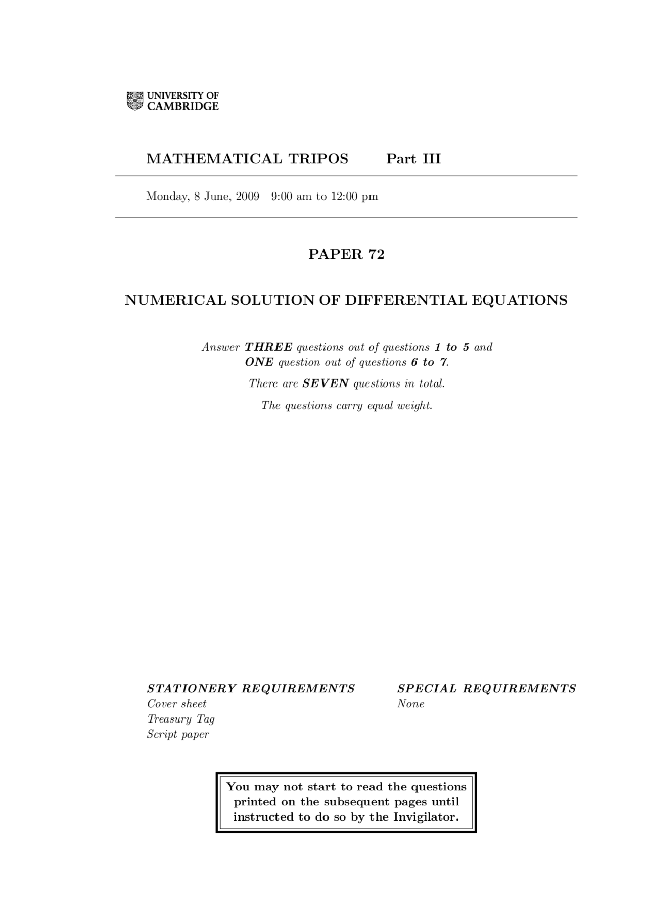 Numerical Solution Of Differential Equations Mathematical Tripos