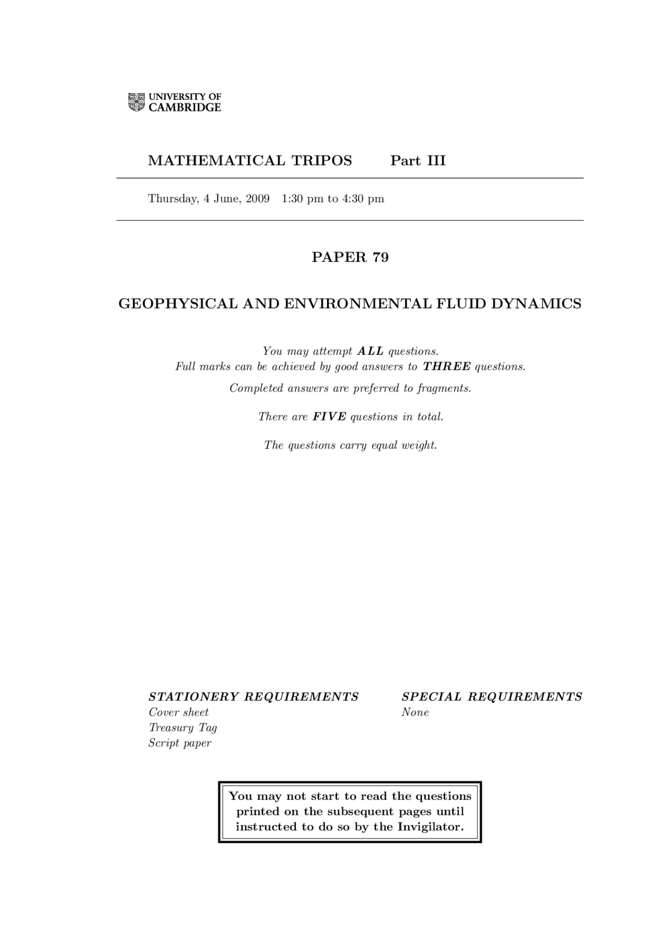 Geophysical And Environmental Fluid Dynamics Mathematical Tripos