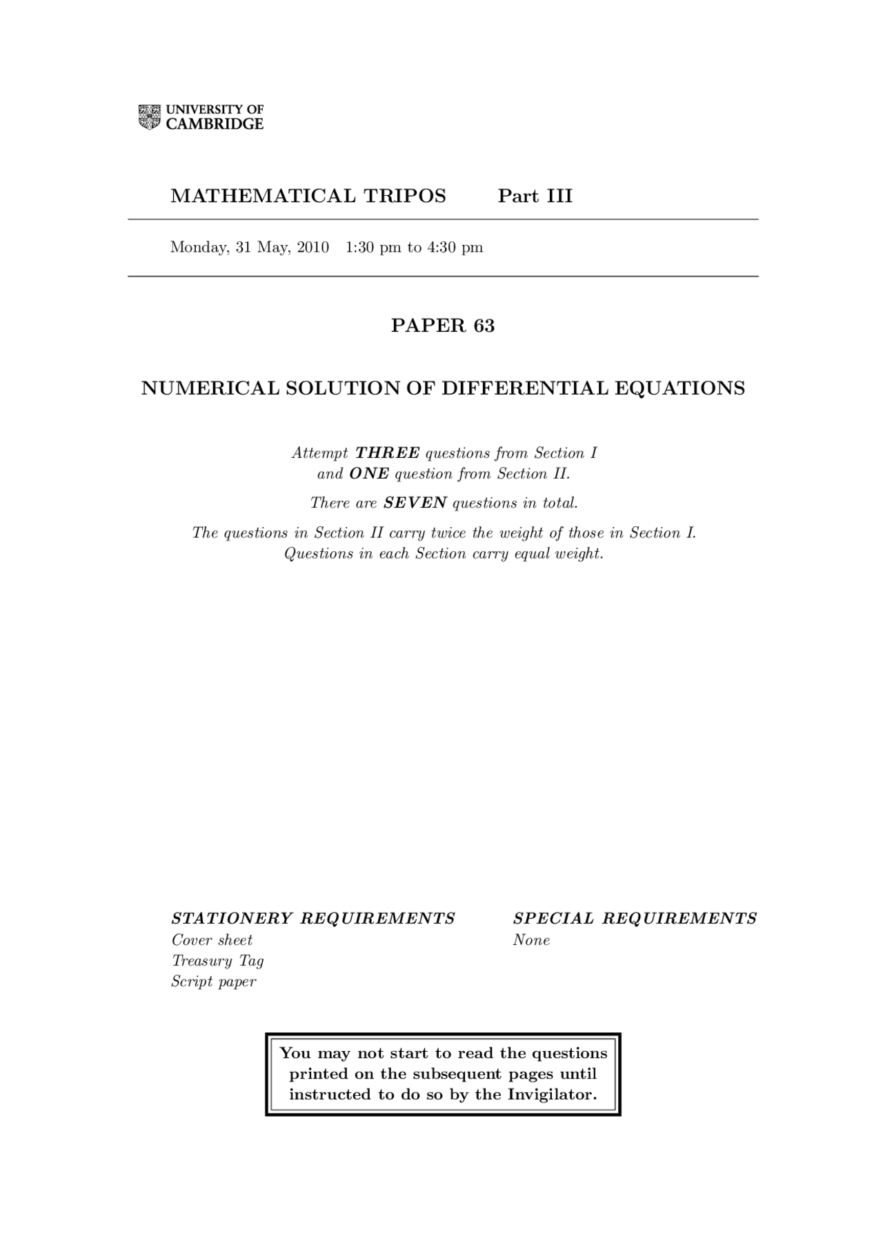 Numerical Solution Of Differential Equations Mathematical Tripos
