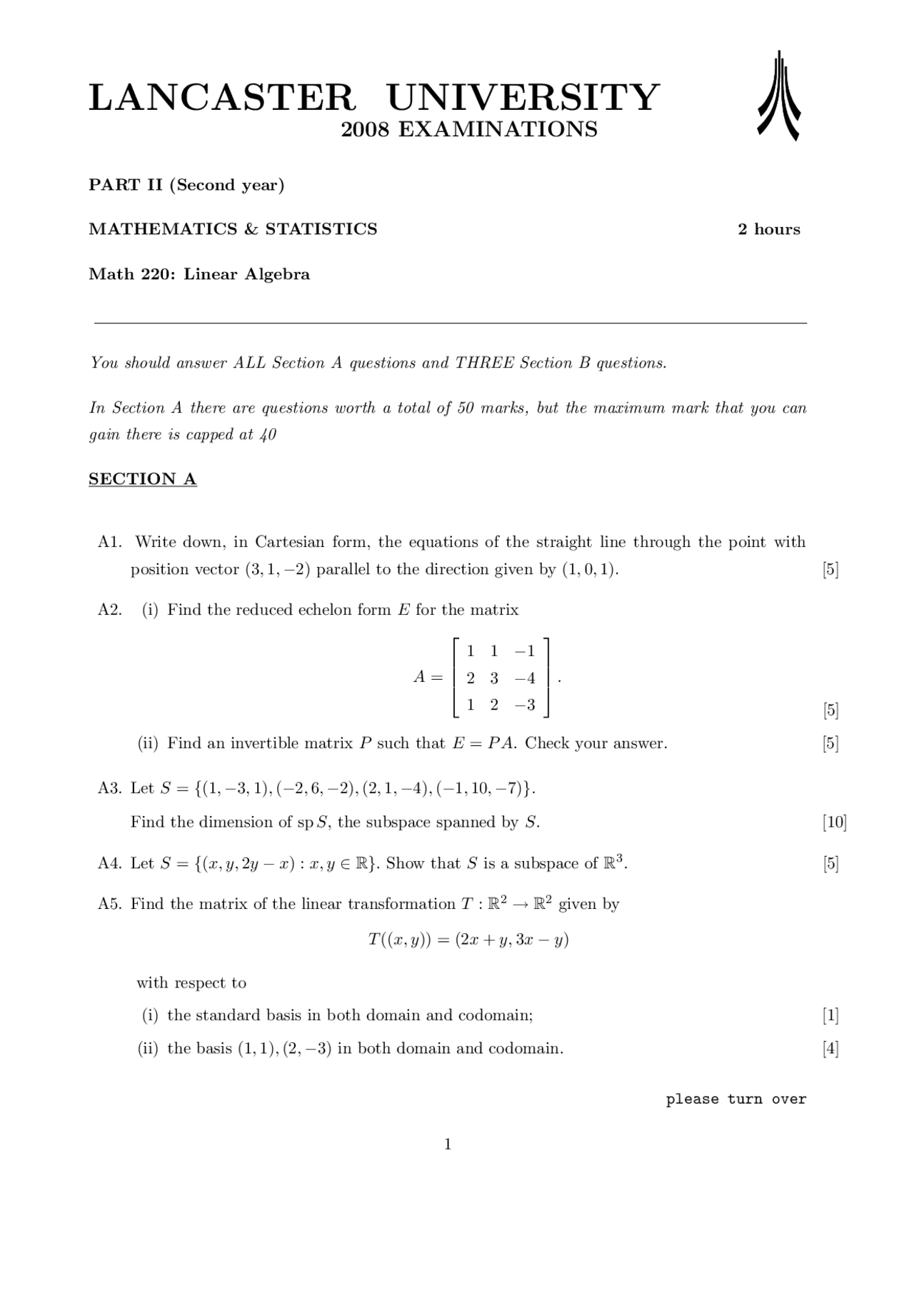 Direction Linear Algebra Exam Docsity