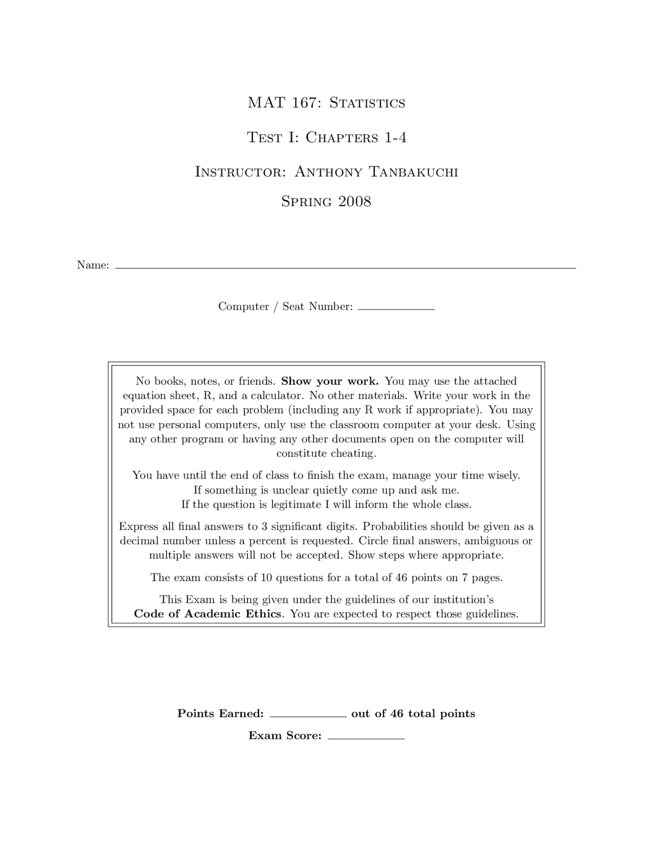 Mass Introduction To Statistics Exam Docsity