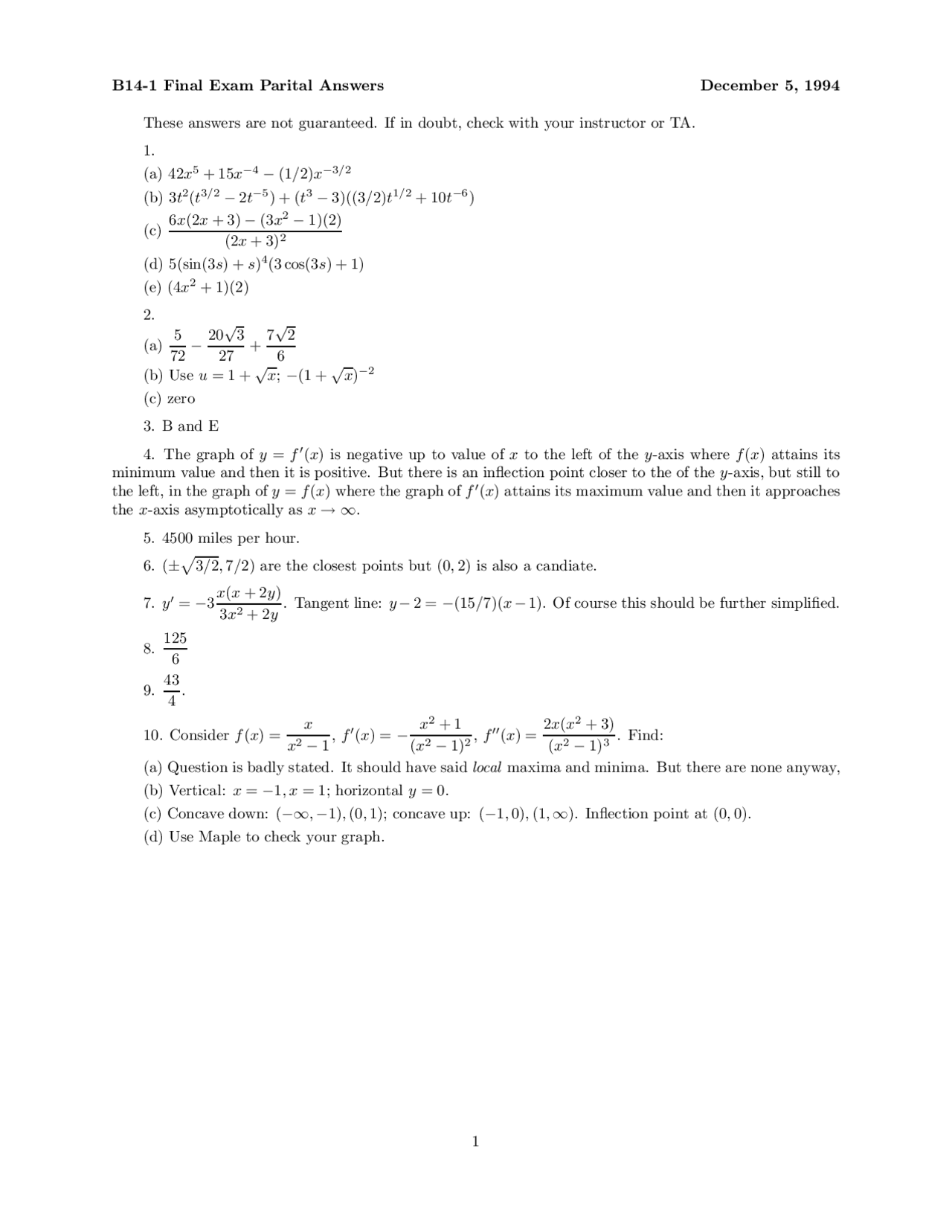 Indicated Points Differential Calculus Of One Variable Functions