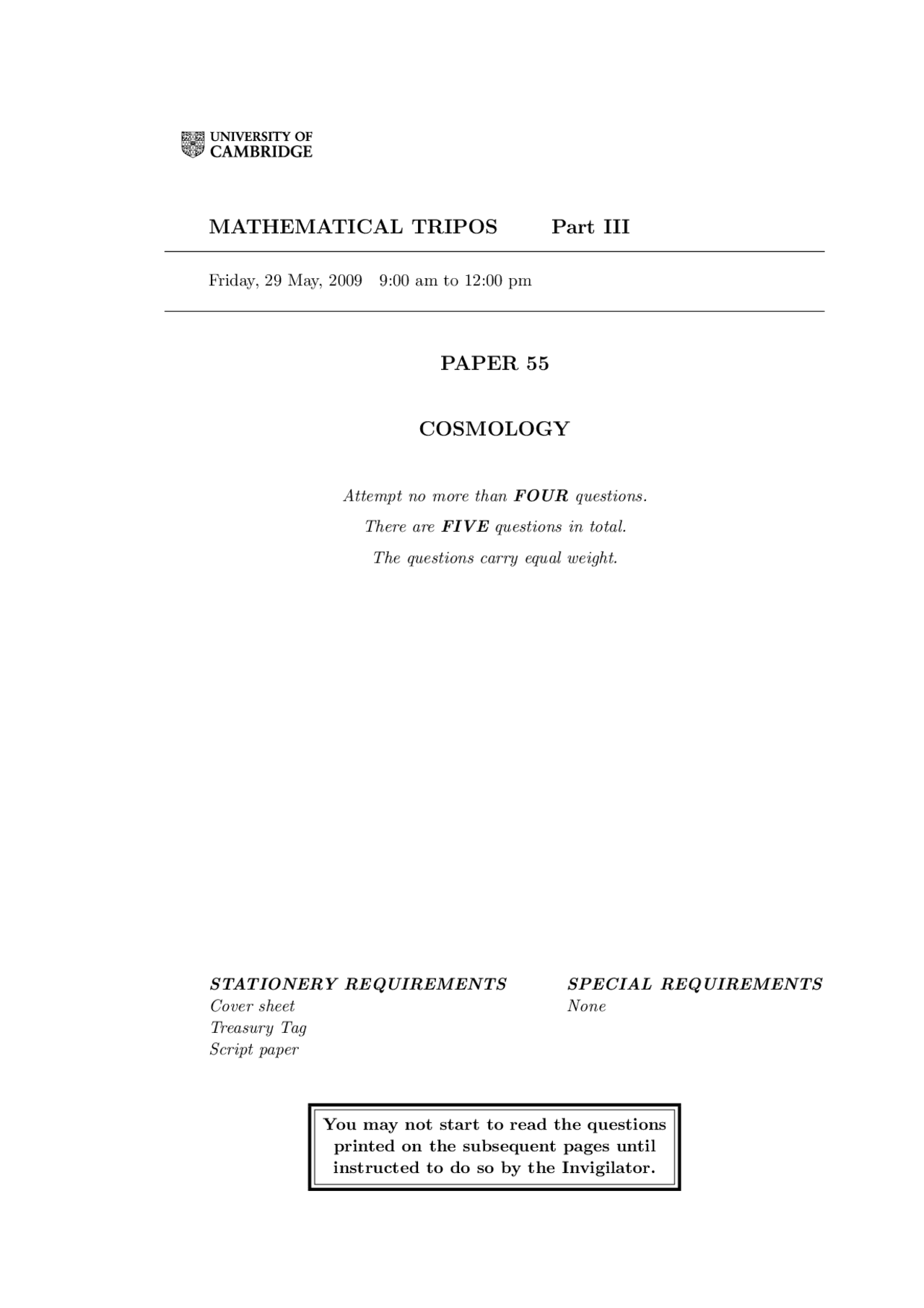 Cosmology Mathematical Tripos Exam Paper Docsity