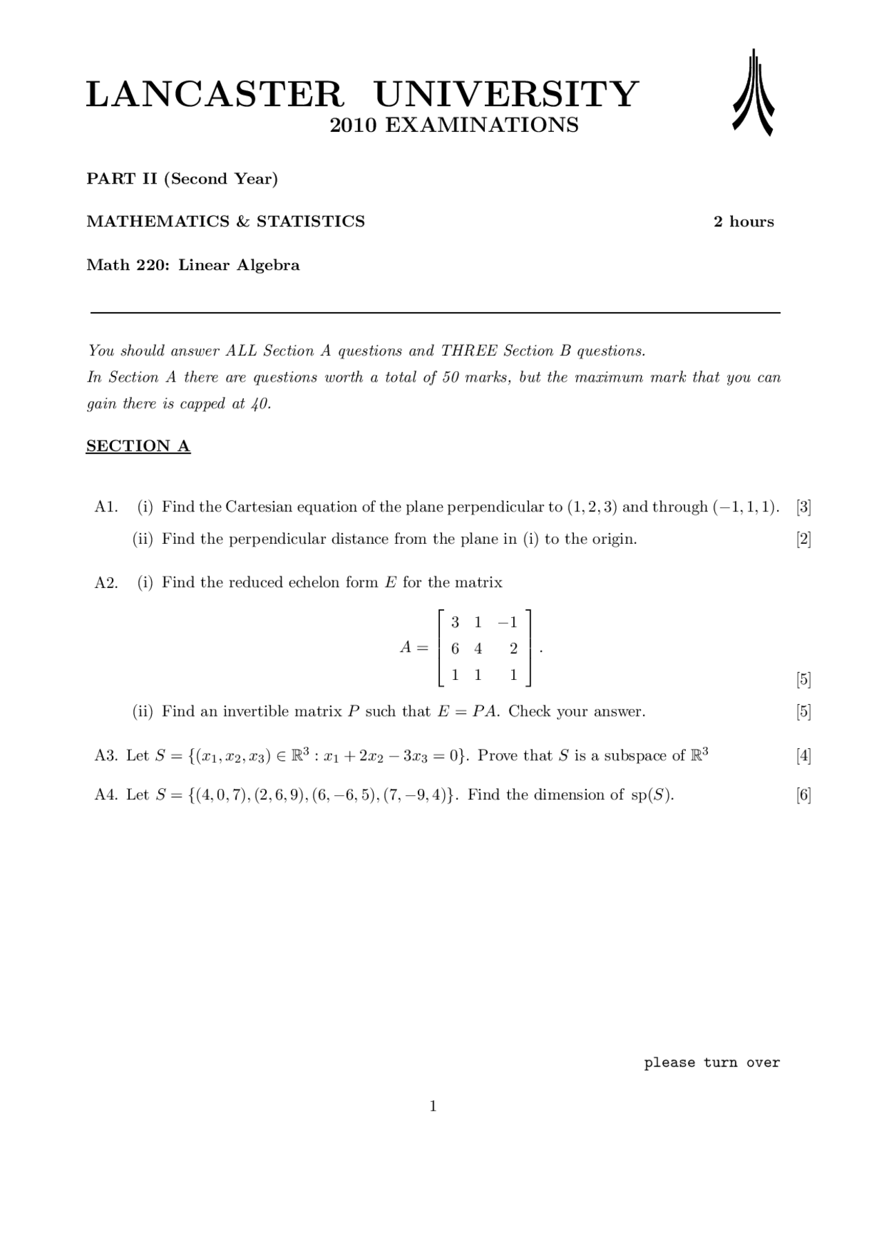 Perpendicular Distance - Linear Algebra - Exam - Docsity