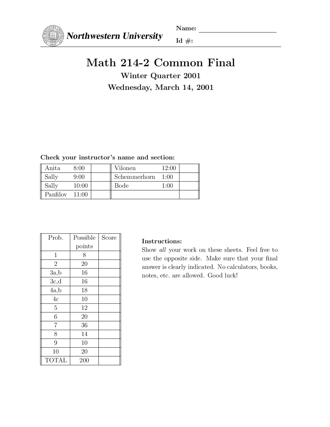 Schemmerhorn - Integral Calculus of One Variable Functions - Exam - Docsity