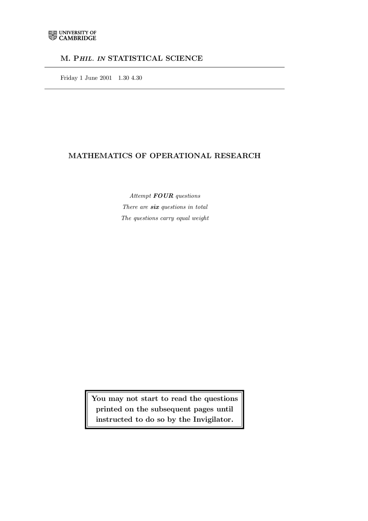 Mathematics of Operational Research - Statistical Science - Exam - Docsity