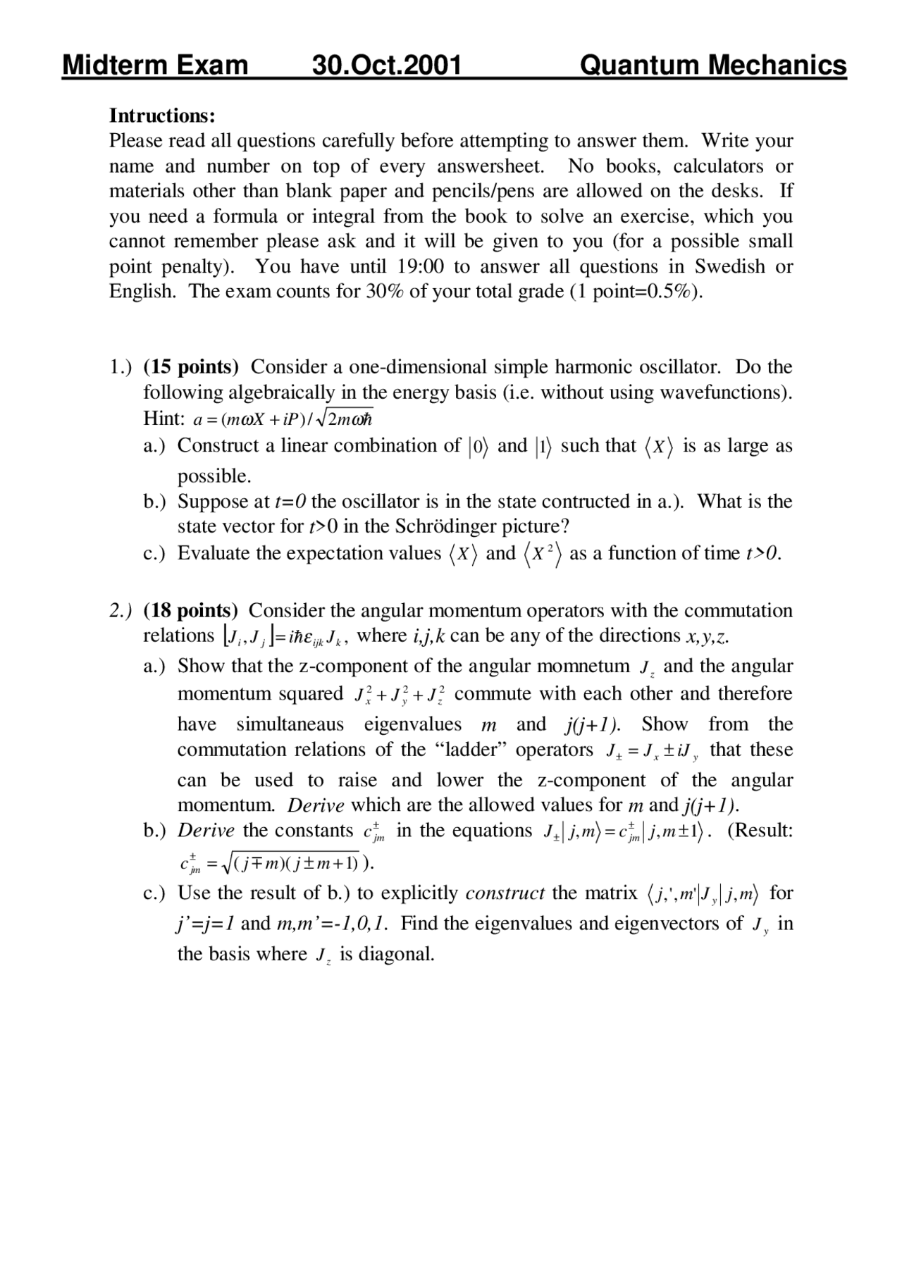Linear Combination - Quantum Mechanics - Exam - Docsity