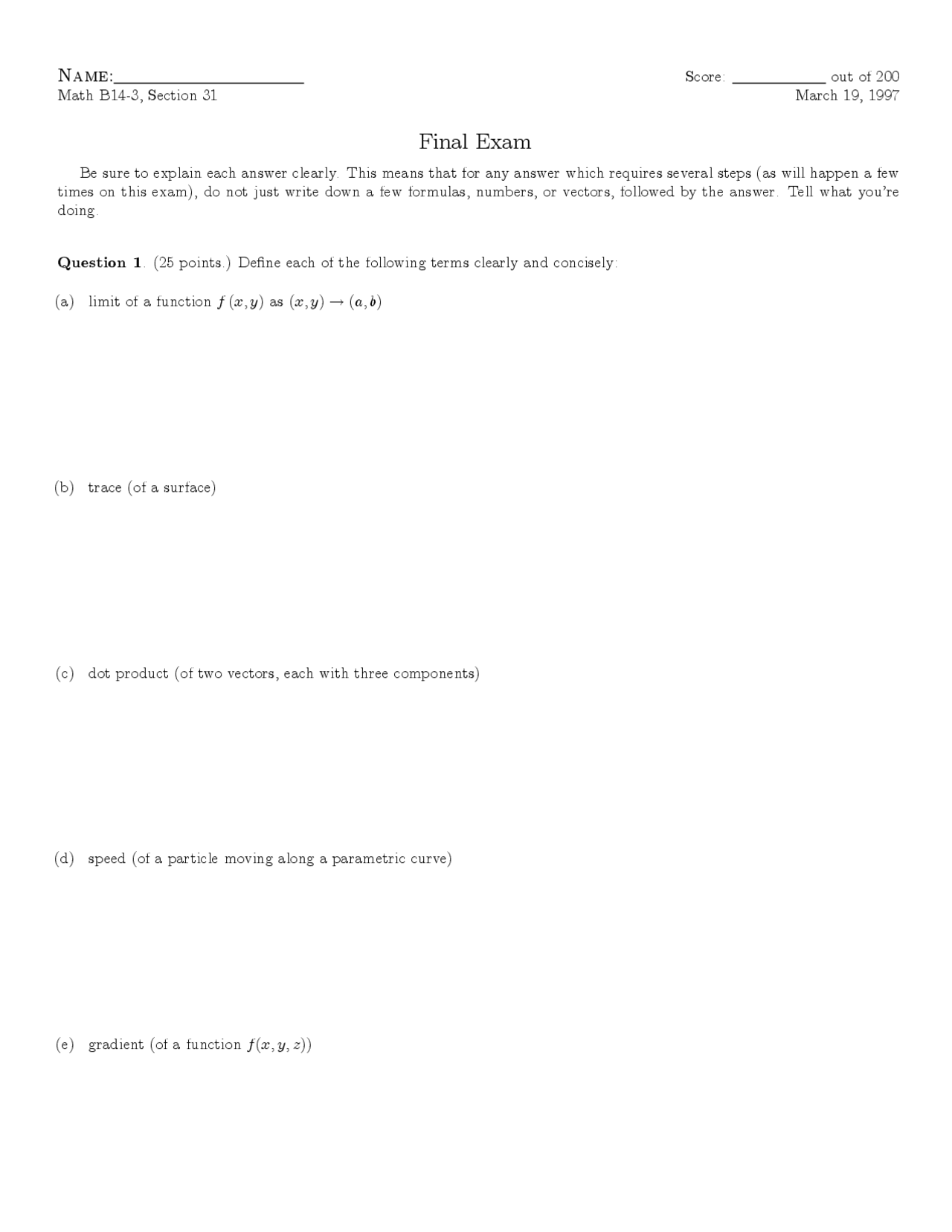 Trace Differential Calculus Of Multivariable Functions Exam Docsity