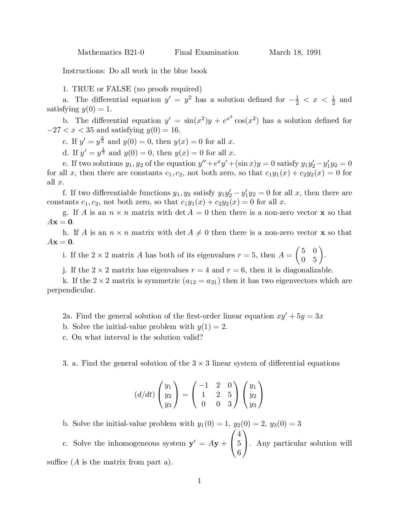 Equation Elementary Differential Equations Exam Docsity