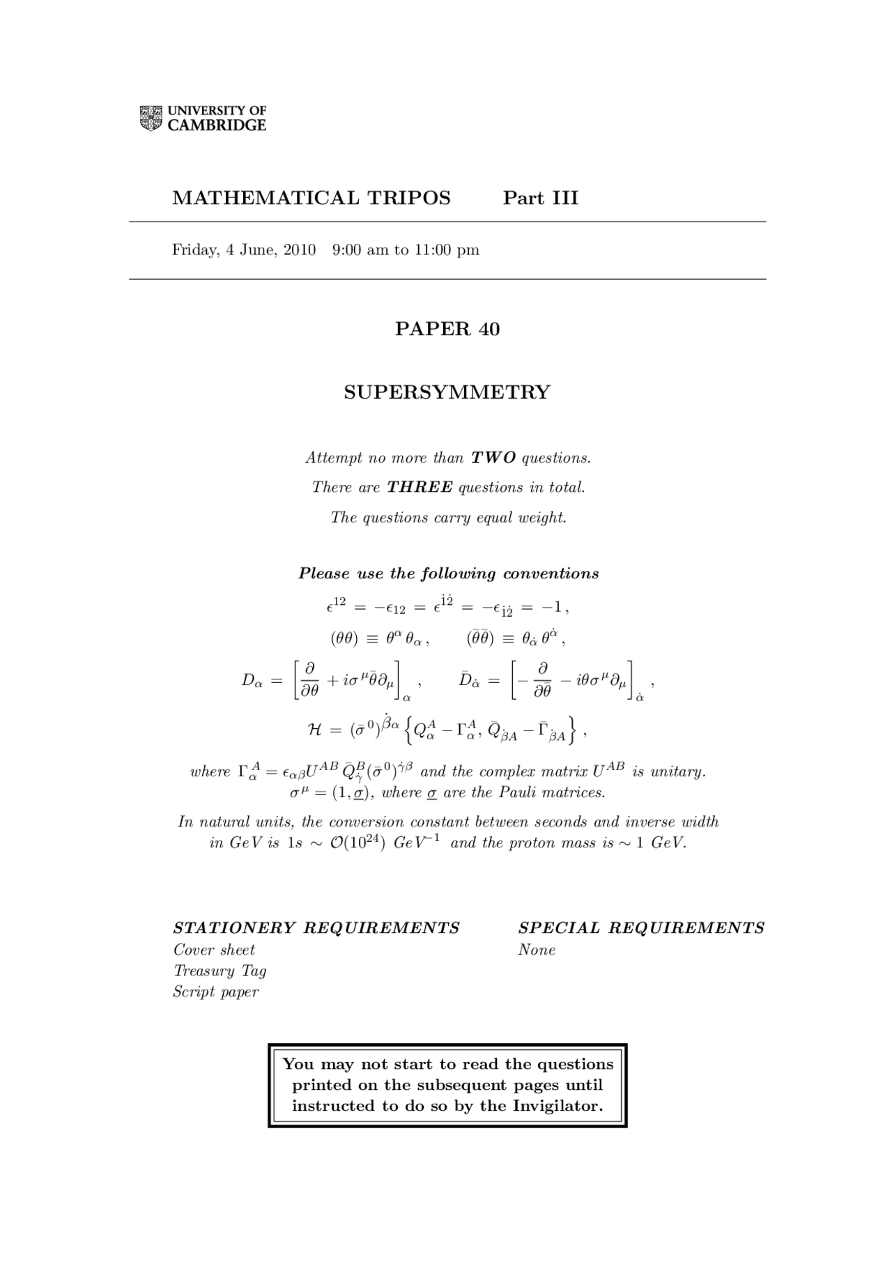 Supersymmetry Mathematical Tripos Final Exam Docsity