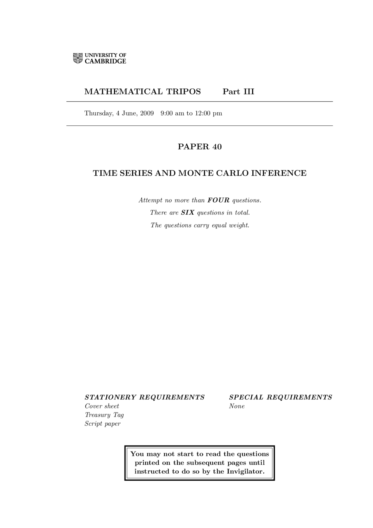 Time Series And Monte Carlo Inference Mathematical Tripos Exam