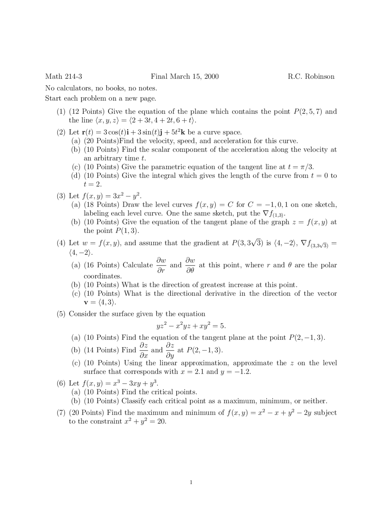 Scalar Component - Differential Calculus of Multivariable Functions - Exam - Docsity