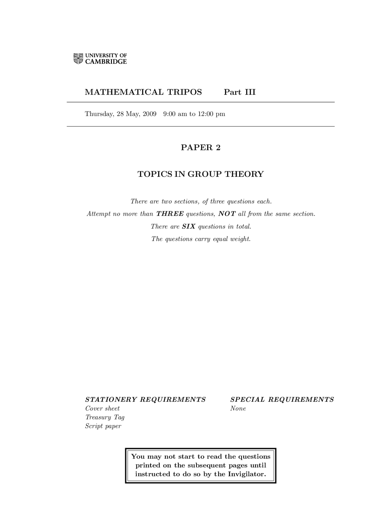 Topics In Group Theory Mathematical Tripos Exam Paper Docsity