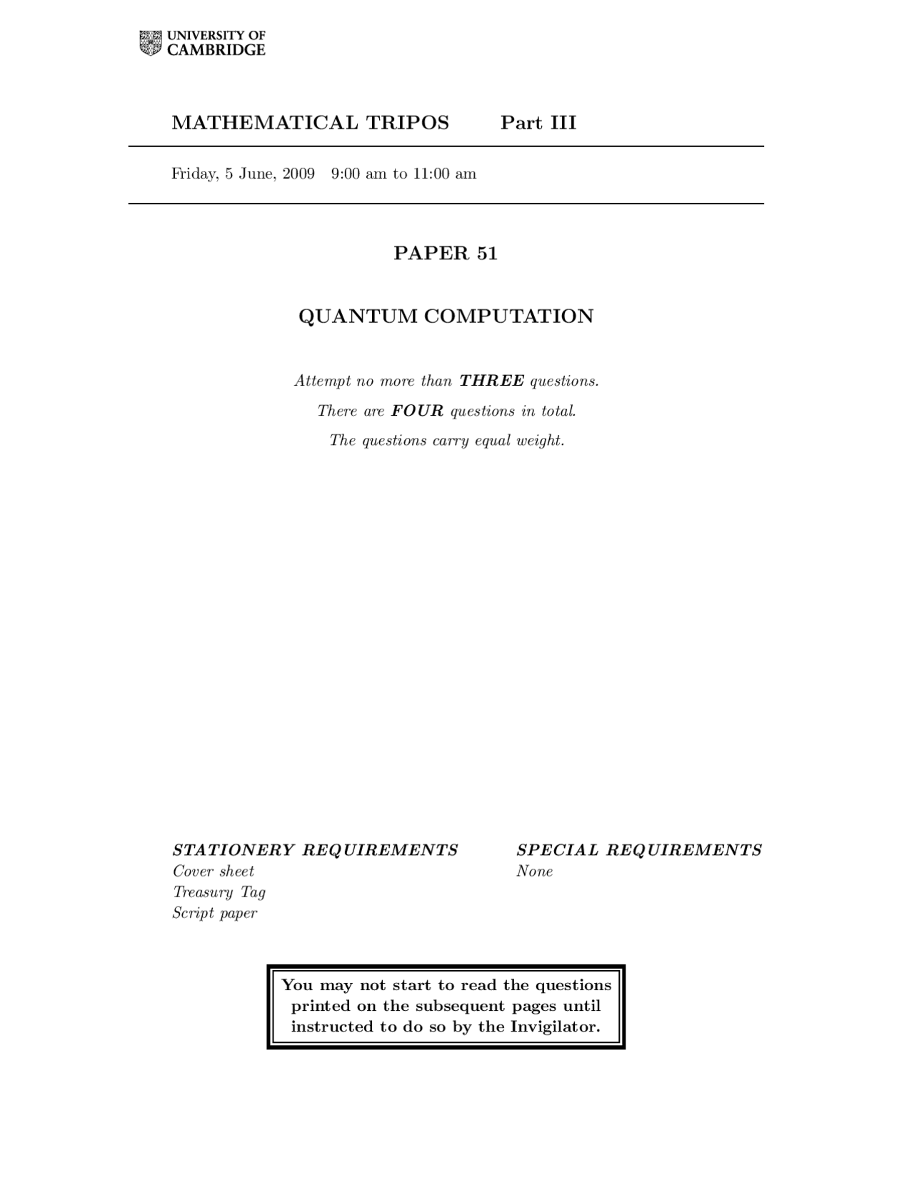 Quantum Computation - Mathematical Tripos - Exam Paper | Exams ...