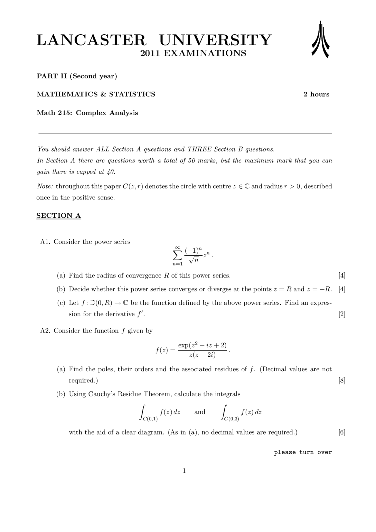 Radius Complex Analysis Exam Docsity