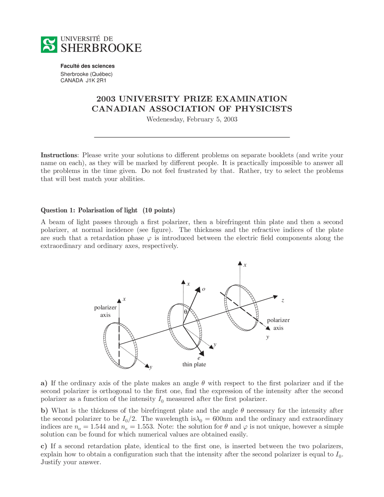 Polarisation of Light - Physics - Past Paper | Exams Physics | Docsity
