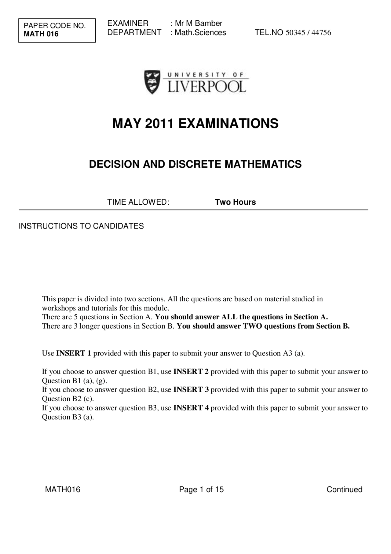 Palmer - Mathematics - Exam - Docsity