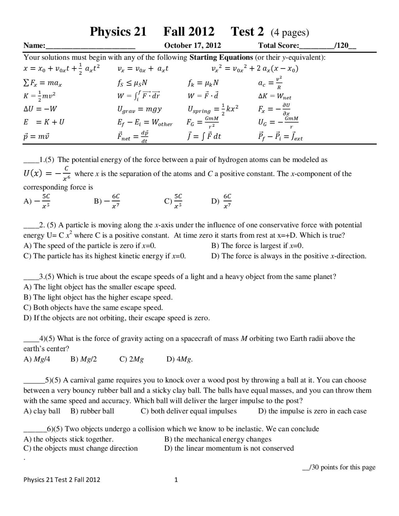 Potential Energy Of Force Physics Past Paper Exams Physics Docsity