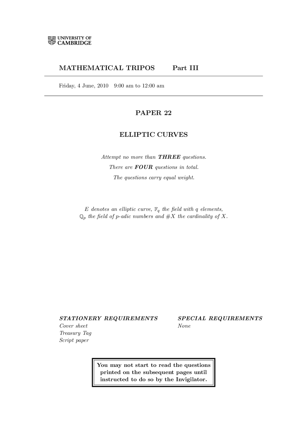 Elliptic Curves - Mathematical Tripos - Final Exam - Docsity