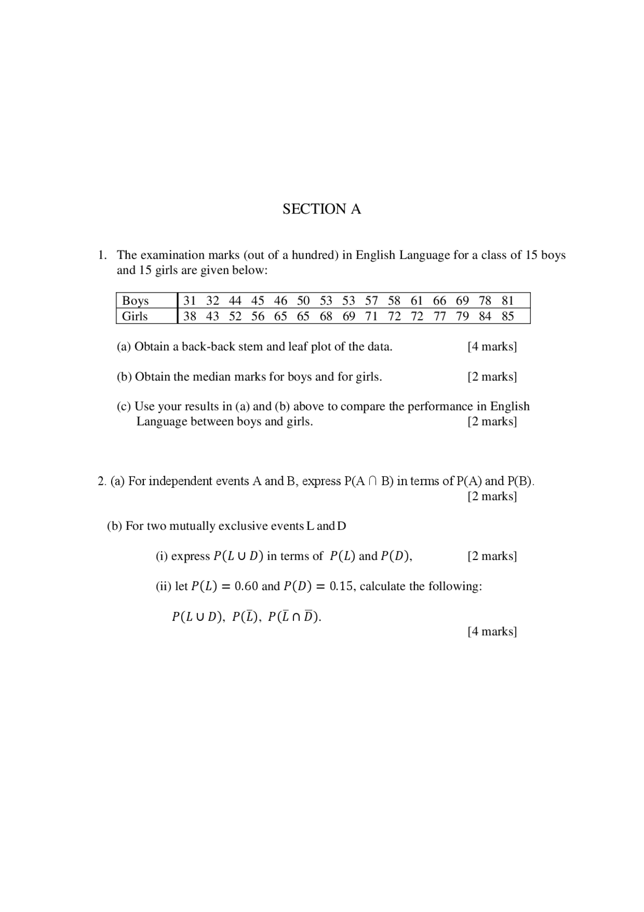 Median Marks Mathematics Exam Exams Mathematics Docsity