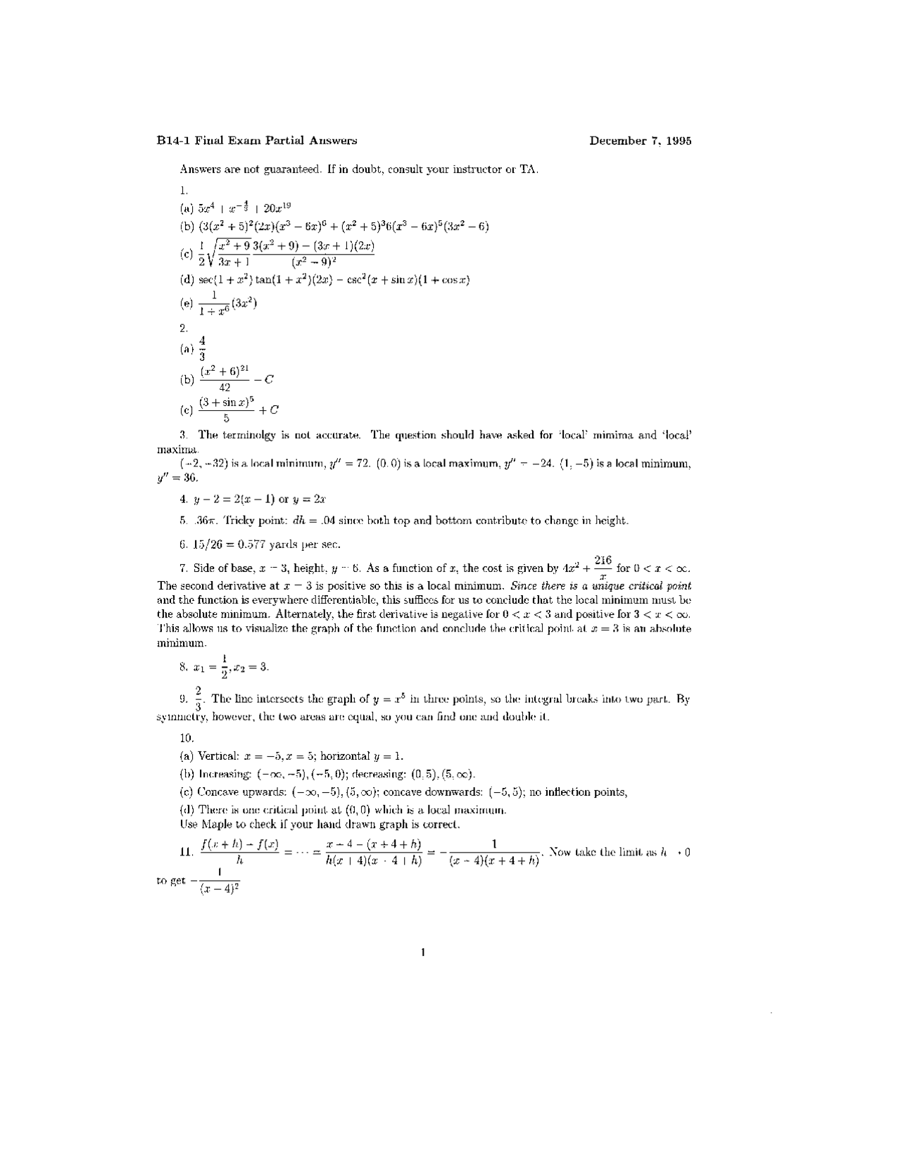 Maximum and Minimum Points - Differential Calculus of One Variable Functions - Solved Exam ...