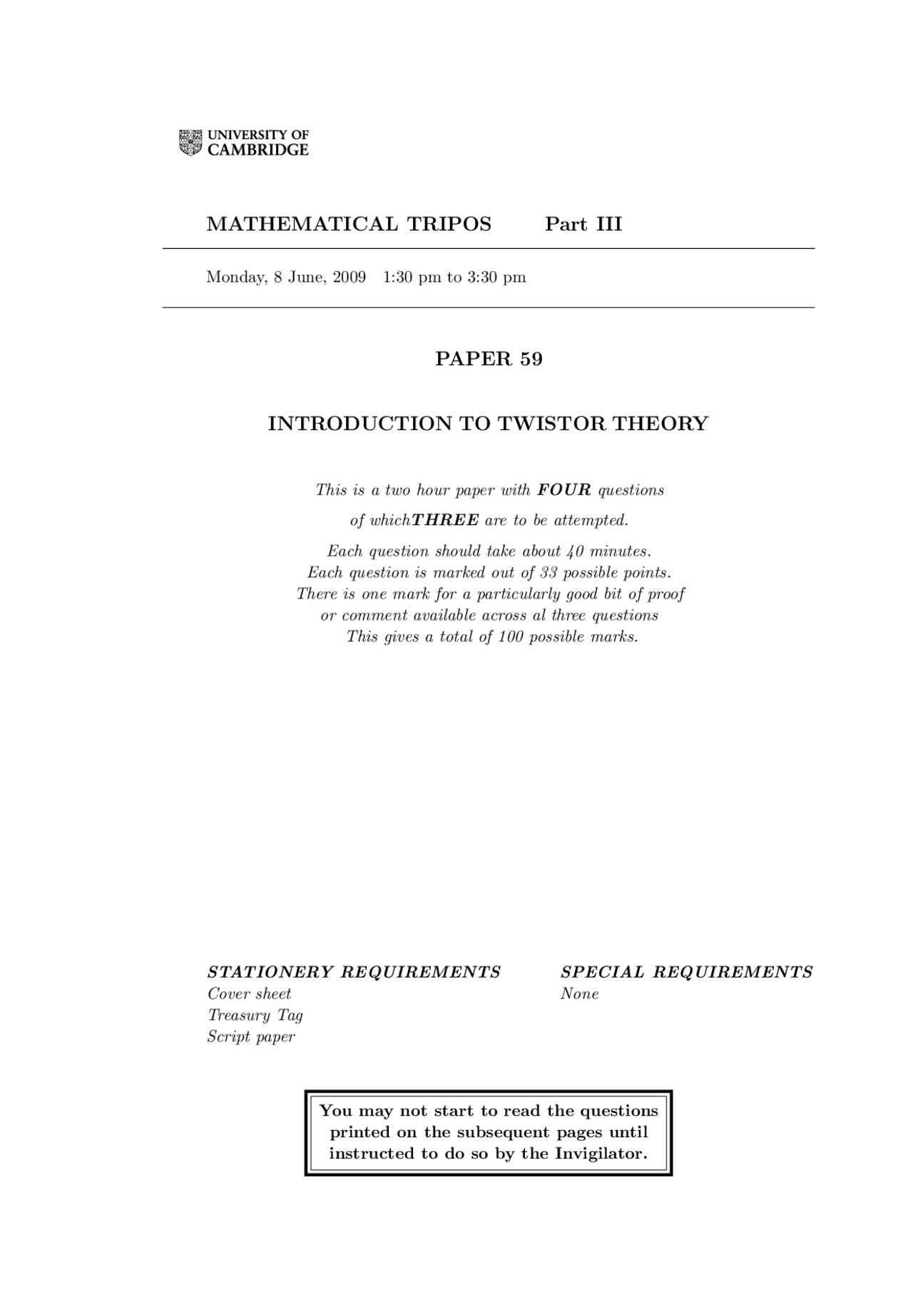 Introduction To Twistor Theory Mathematical Tripos Exam Paper Docsity