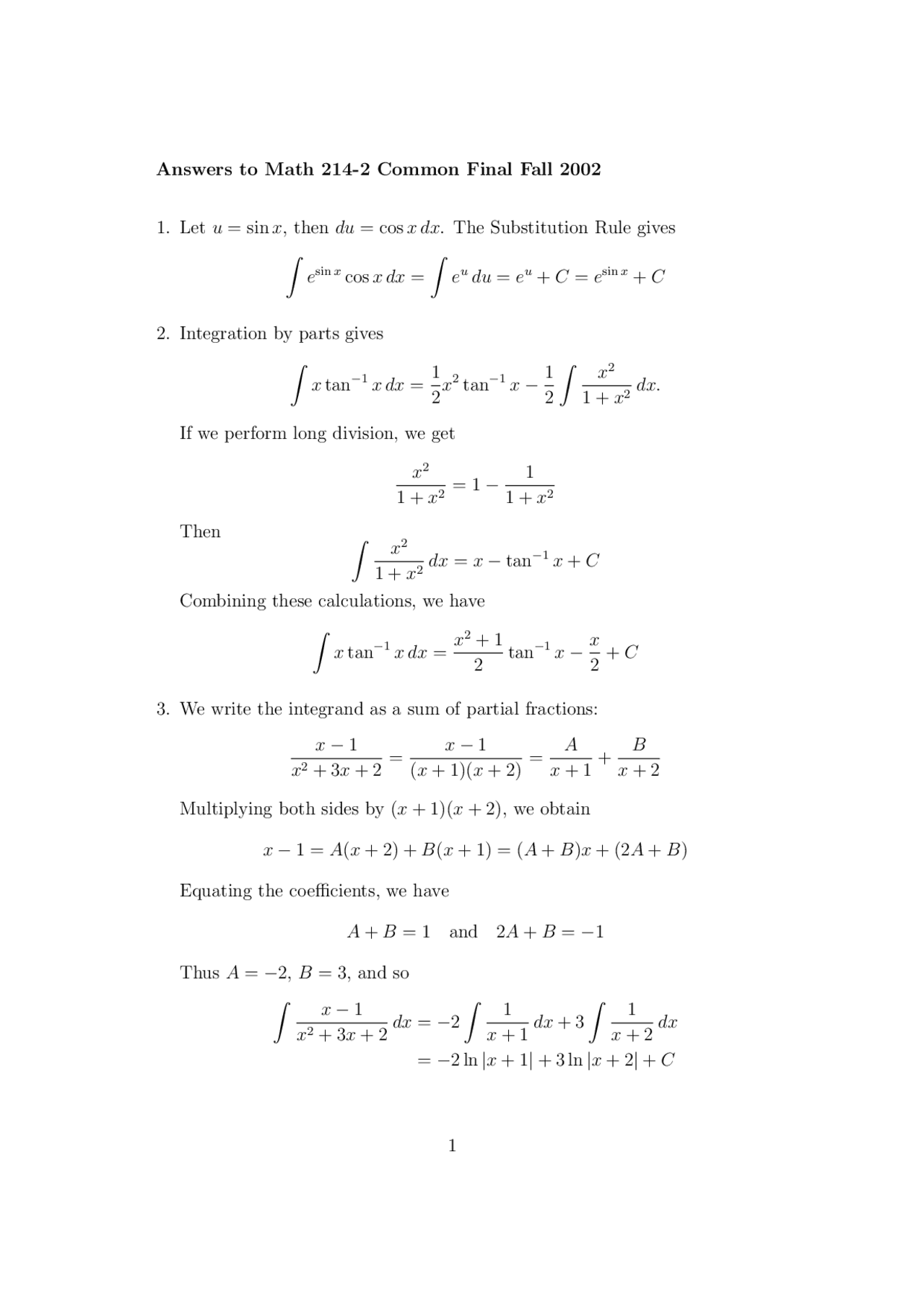 Integrals - Integral Calculus of One Variable Functions - Solved Exam - Docsity