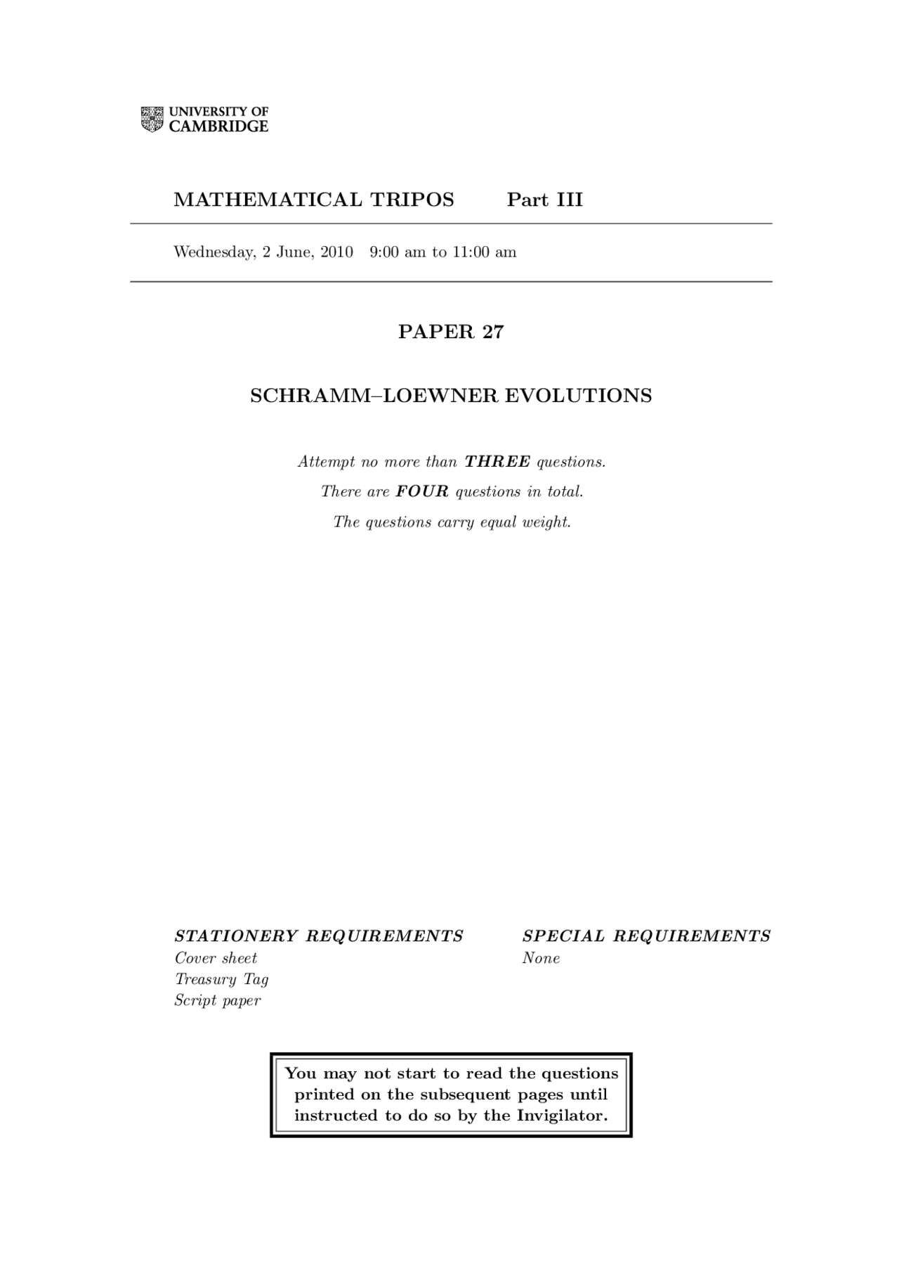 Schramm-Loewner Evolutions - Mathematical Tripos - Final Exam - Docsity