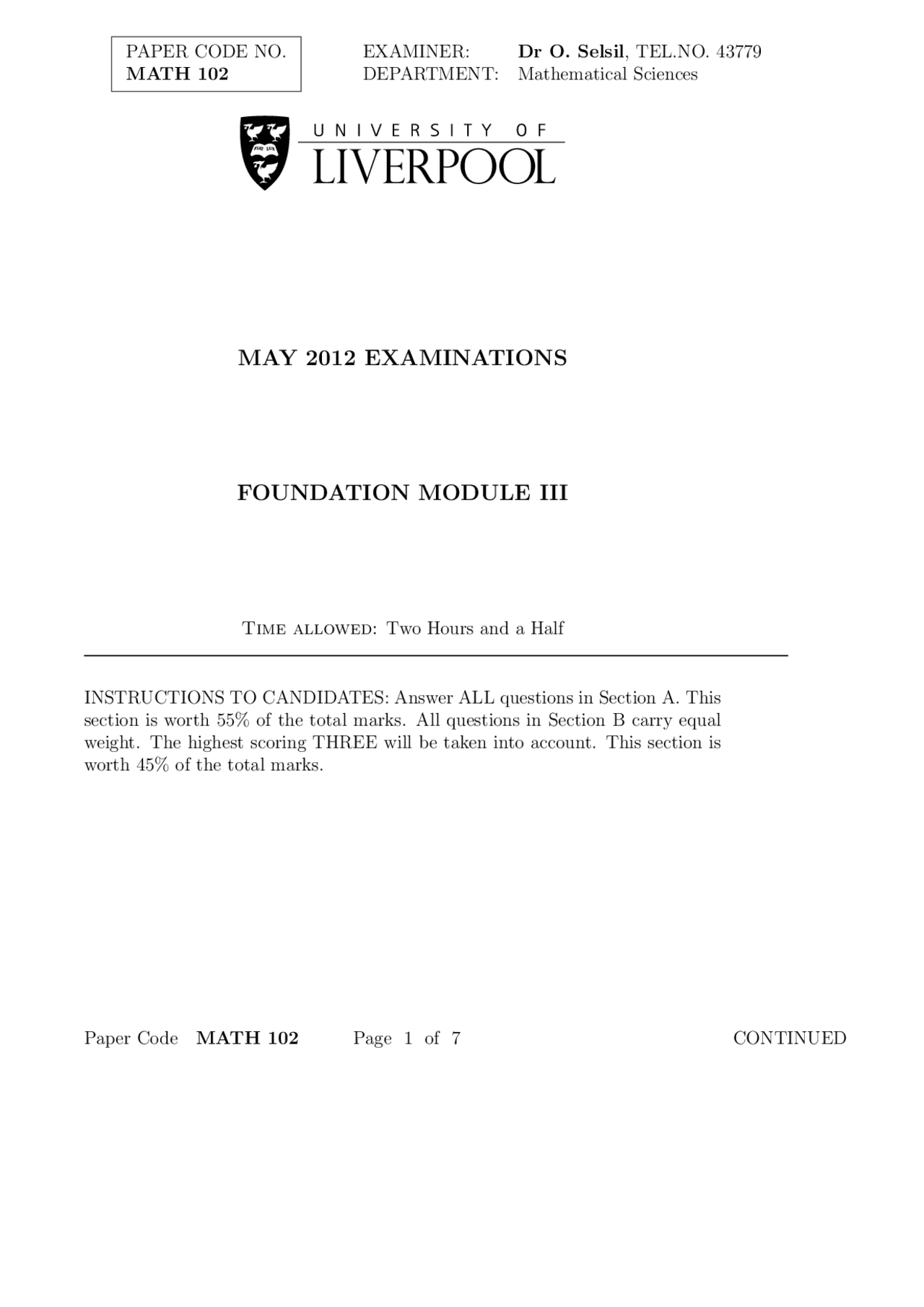 Positive Term Mathematics Exam Docsity