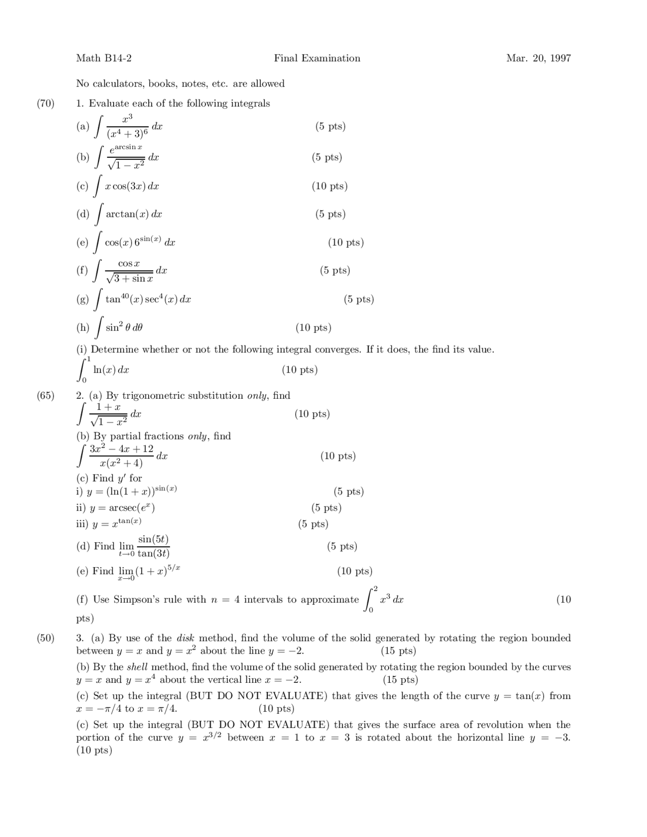 Determine Integral Calculus Of One Variable Functions Exam Docsity