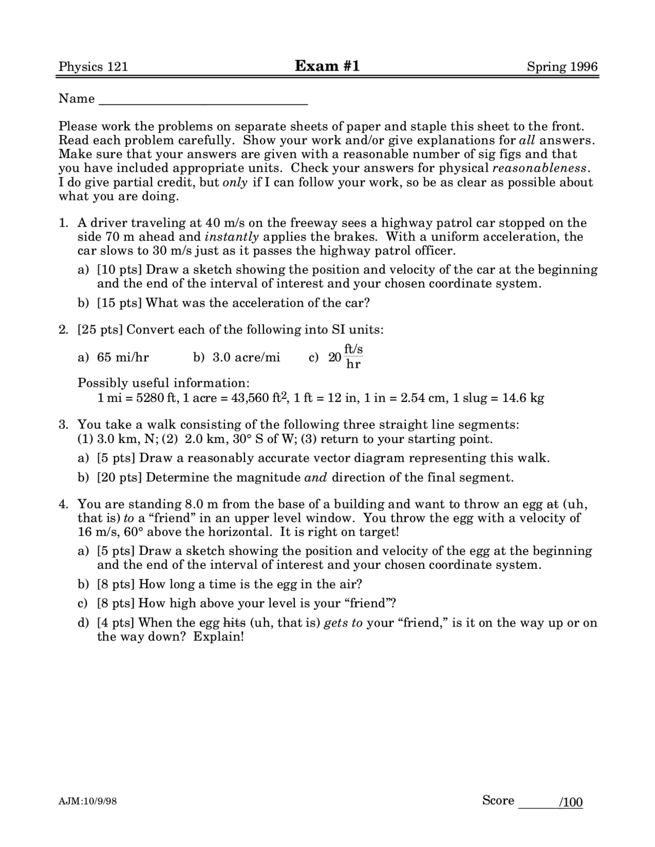 Coordinate System - Physics - Past Paper - Docsity