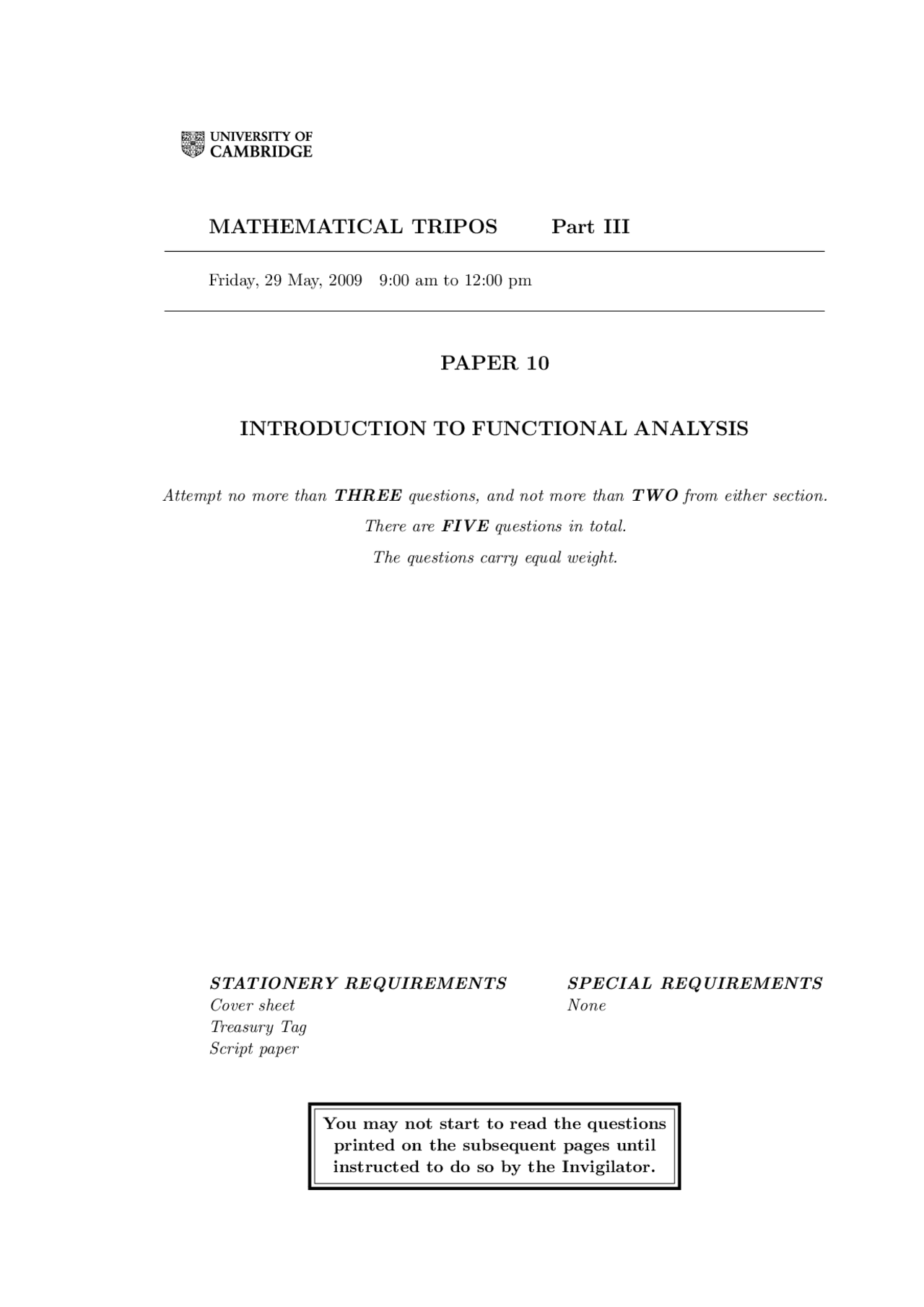 Introduction To Functional Analysis Mathematical Tripos Exam Paper