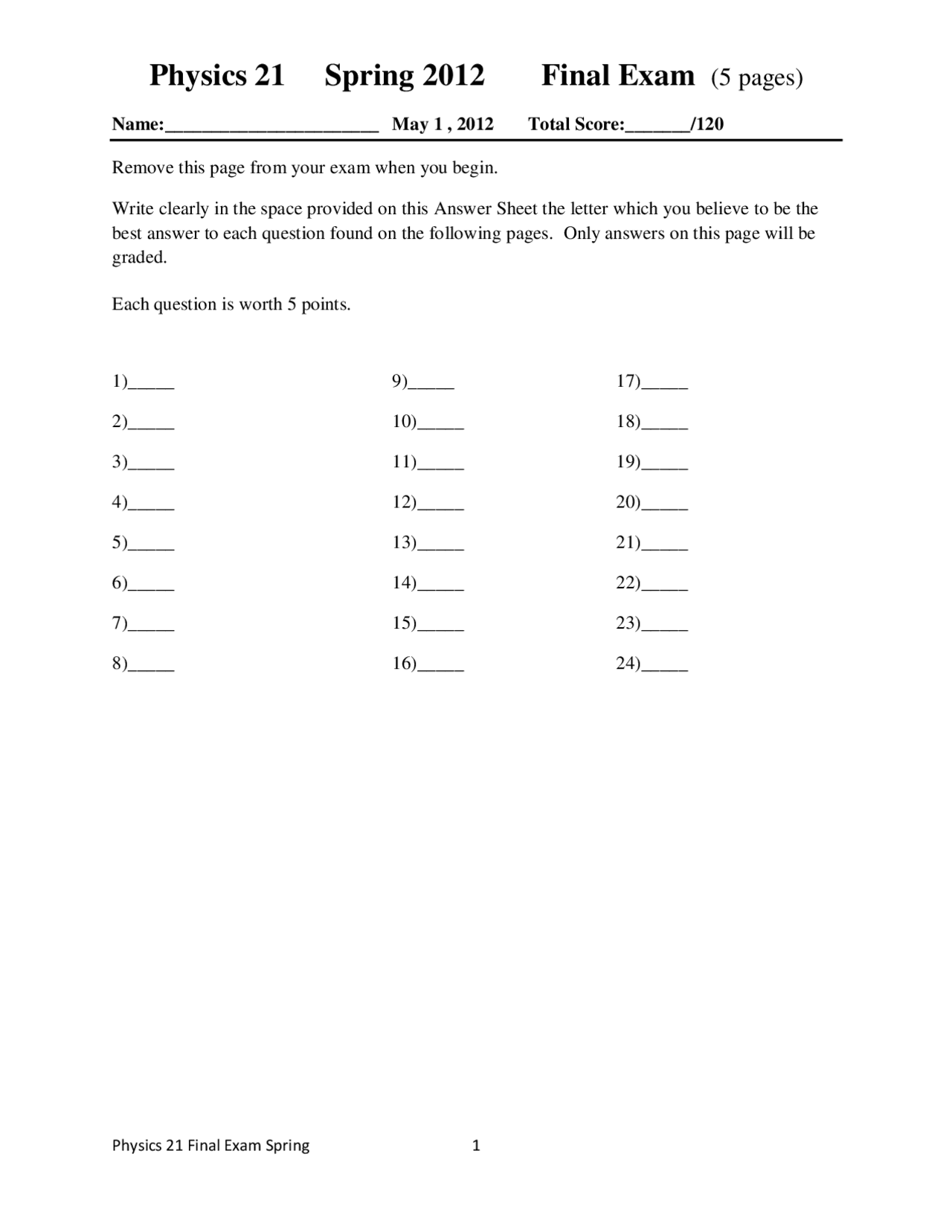 Positive Constants Physics Past Paper Docsity