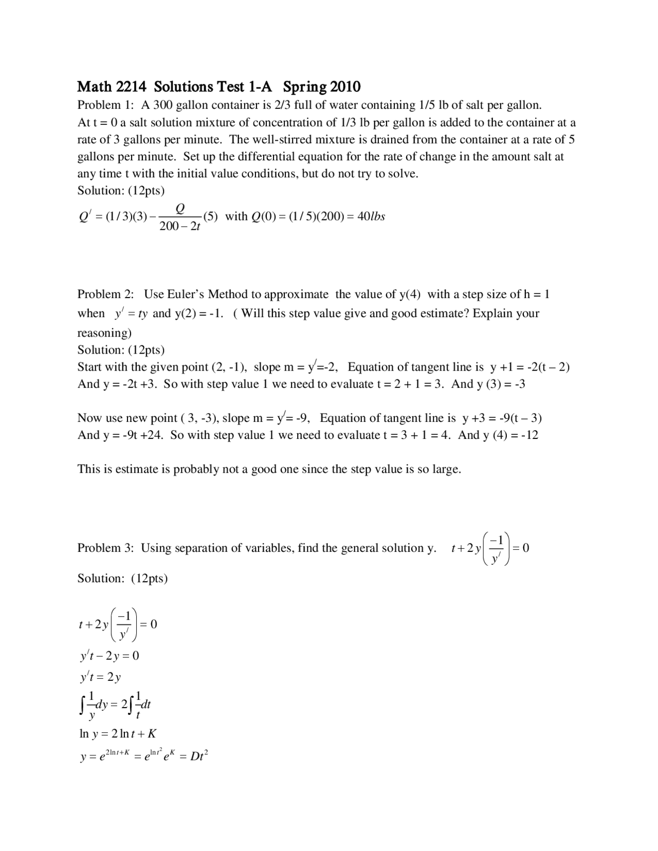 Solutions For Test 1 Introduction Differential Equations Math 2214