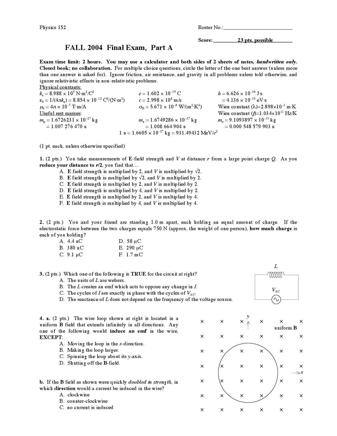 Electrostatic Force Physics Past Paper Docsity