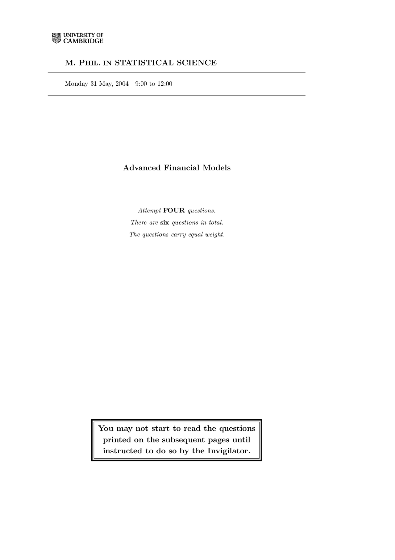 Advanced Financial Models Two - Statistical Science - Exam - Docsity