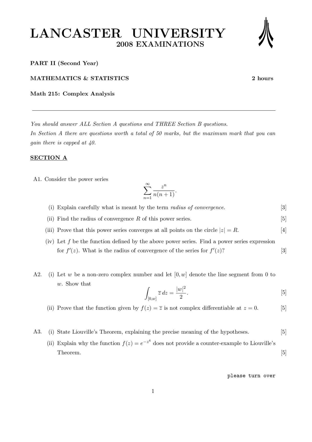 Power Series Complex Analysis Exam Docsity