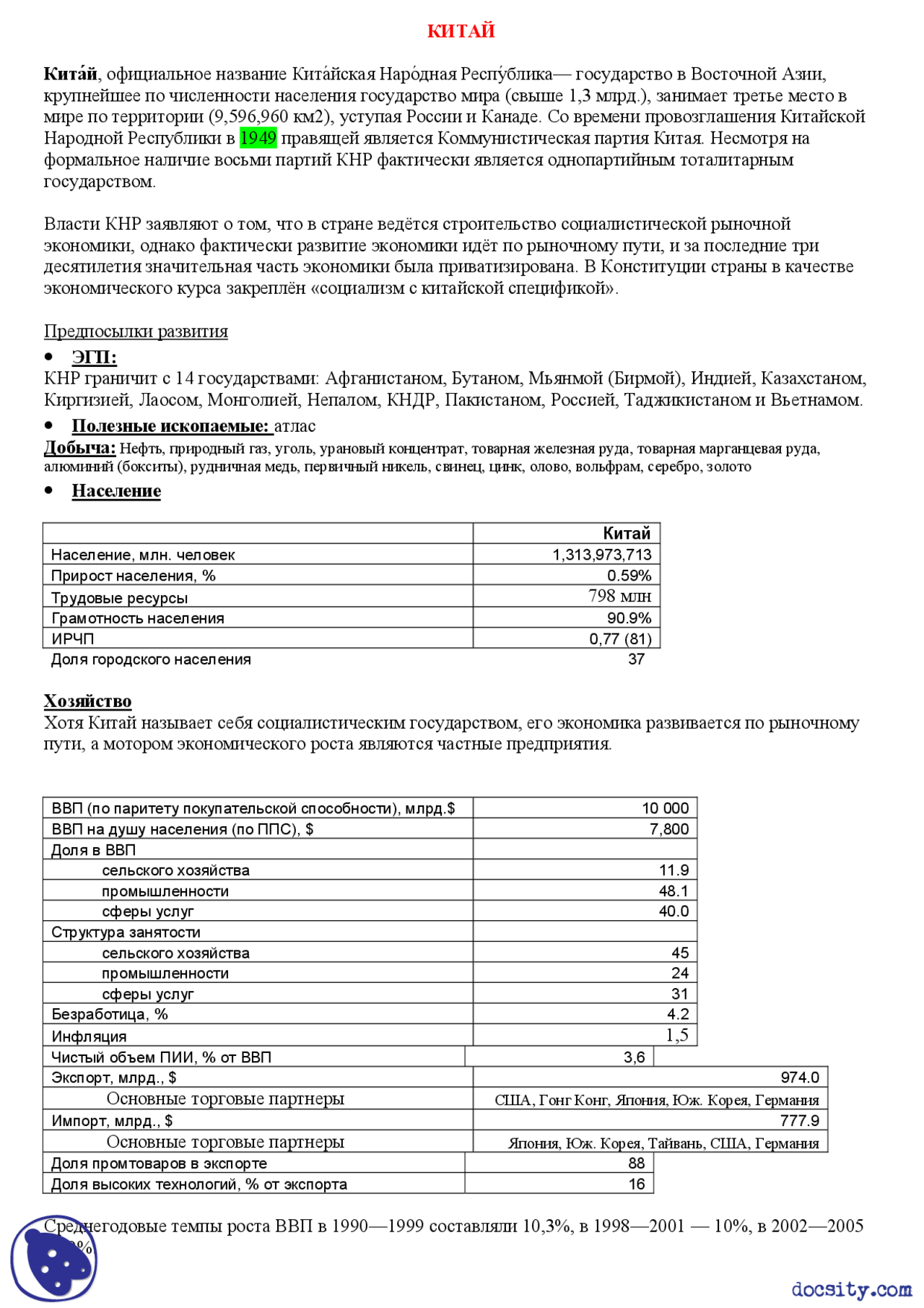 Китай конспекты география Docsity