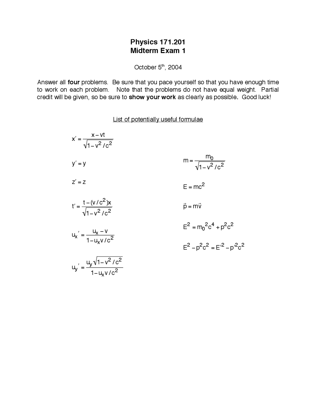 Minkowski Diagram Vibrations And Waves Past Exam Docsity