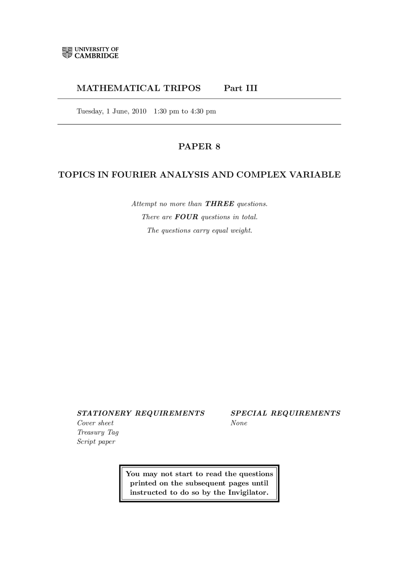 Topics In Fourier Analysis And Complex Variable Mathematical Tripos