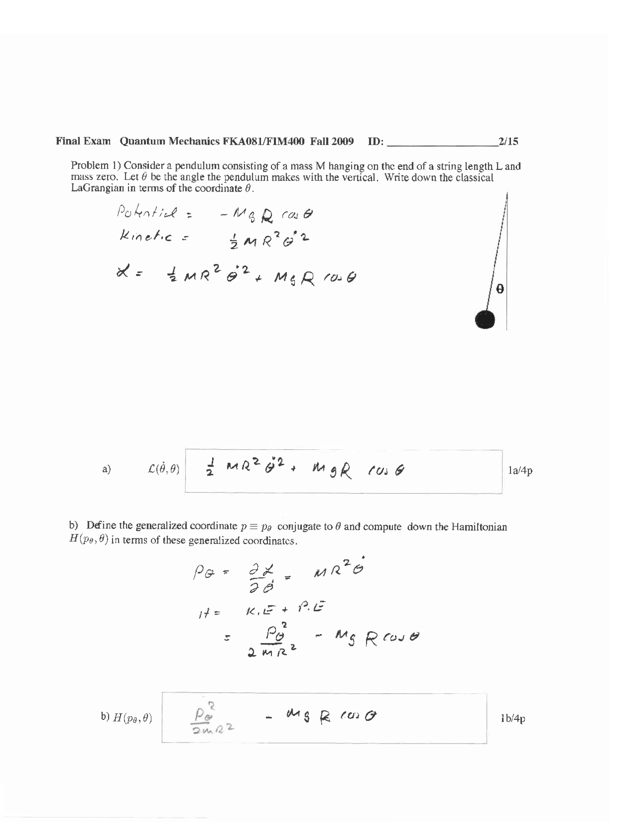 Classical LaGrangian - Quantum Mechanics - Solved Exam - Docsity